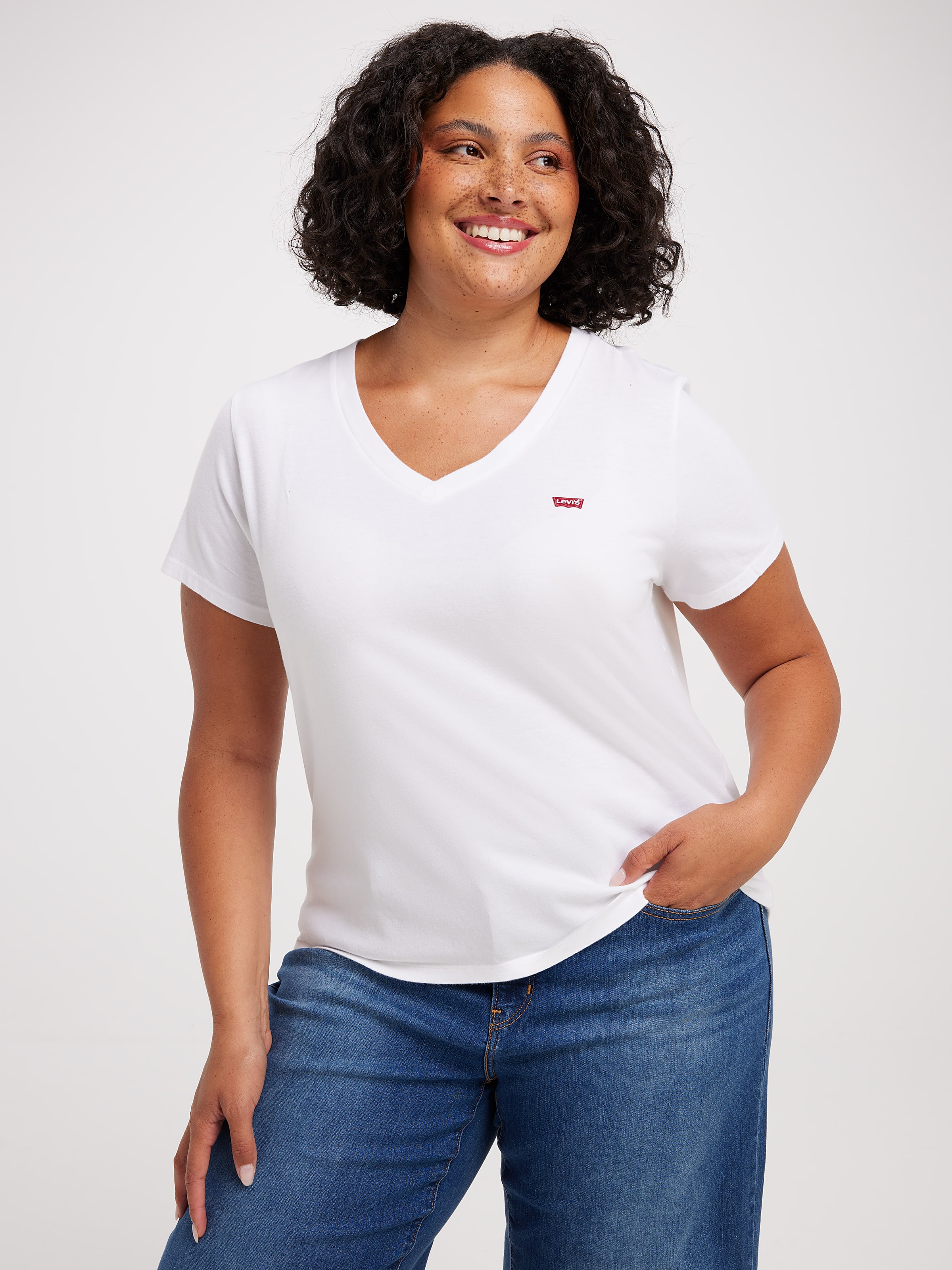 Curve Perfect V Neck Tee In White - Just Jeans Online