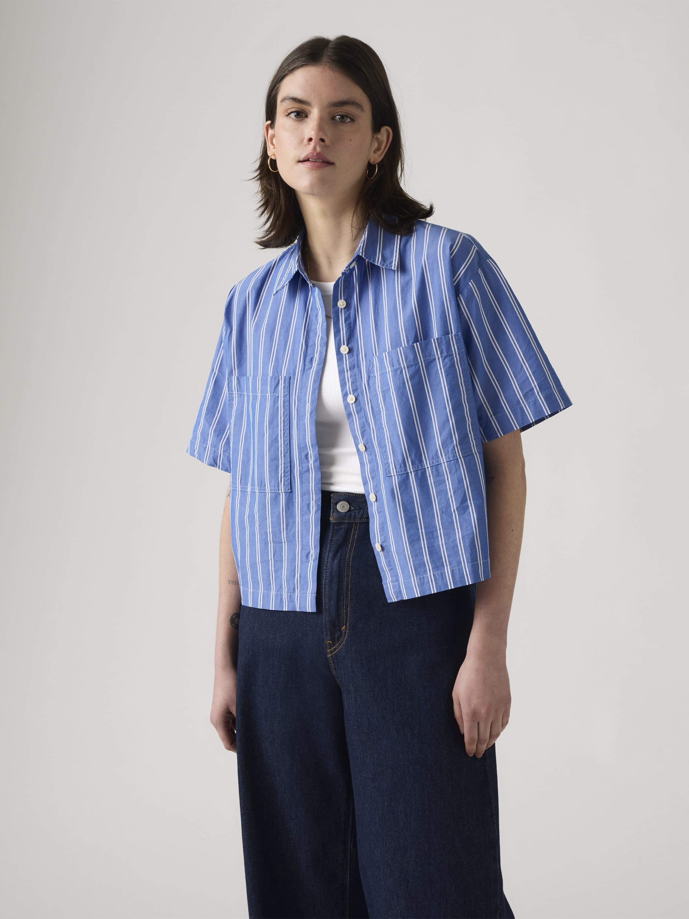 Harlie Cropped Shirt In Double Dutch Stripe Nautical Blue - Just Jeans ...