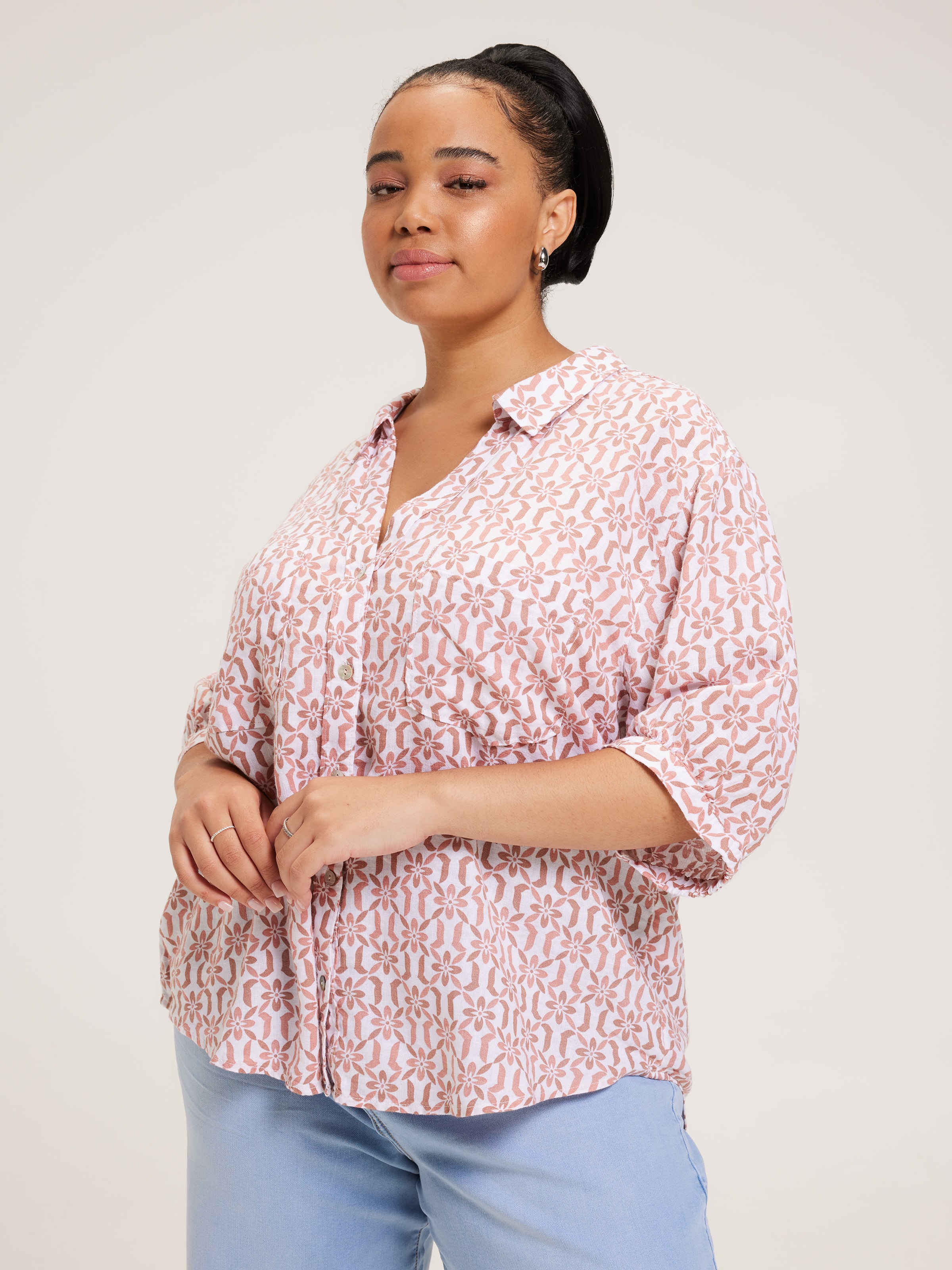 Curve Natasha Linen Shirt Neutral Geo Print - Just Jeans Online