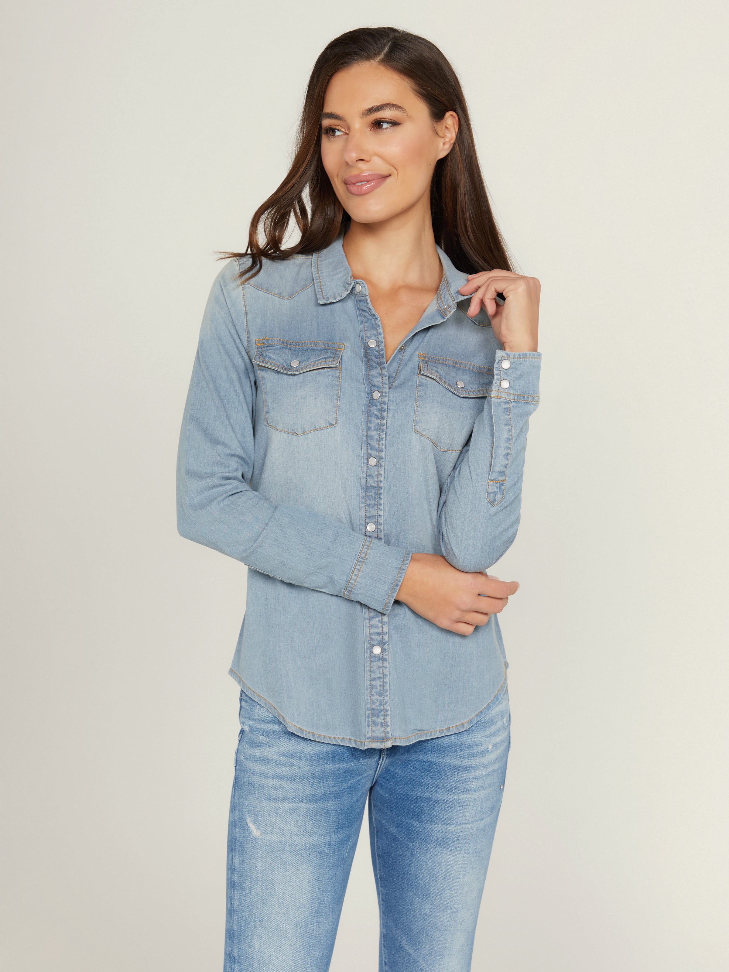 Riley Denim Shirt In Mid Tone Blue Denim - Just Jeans Online