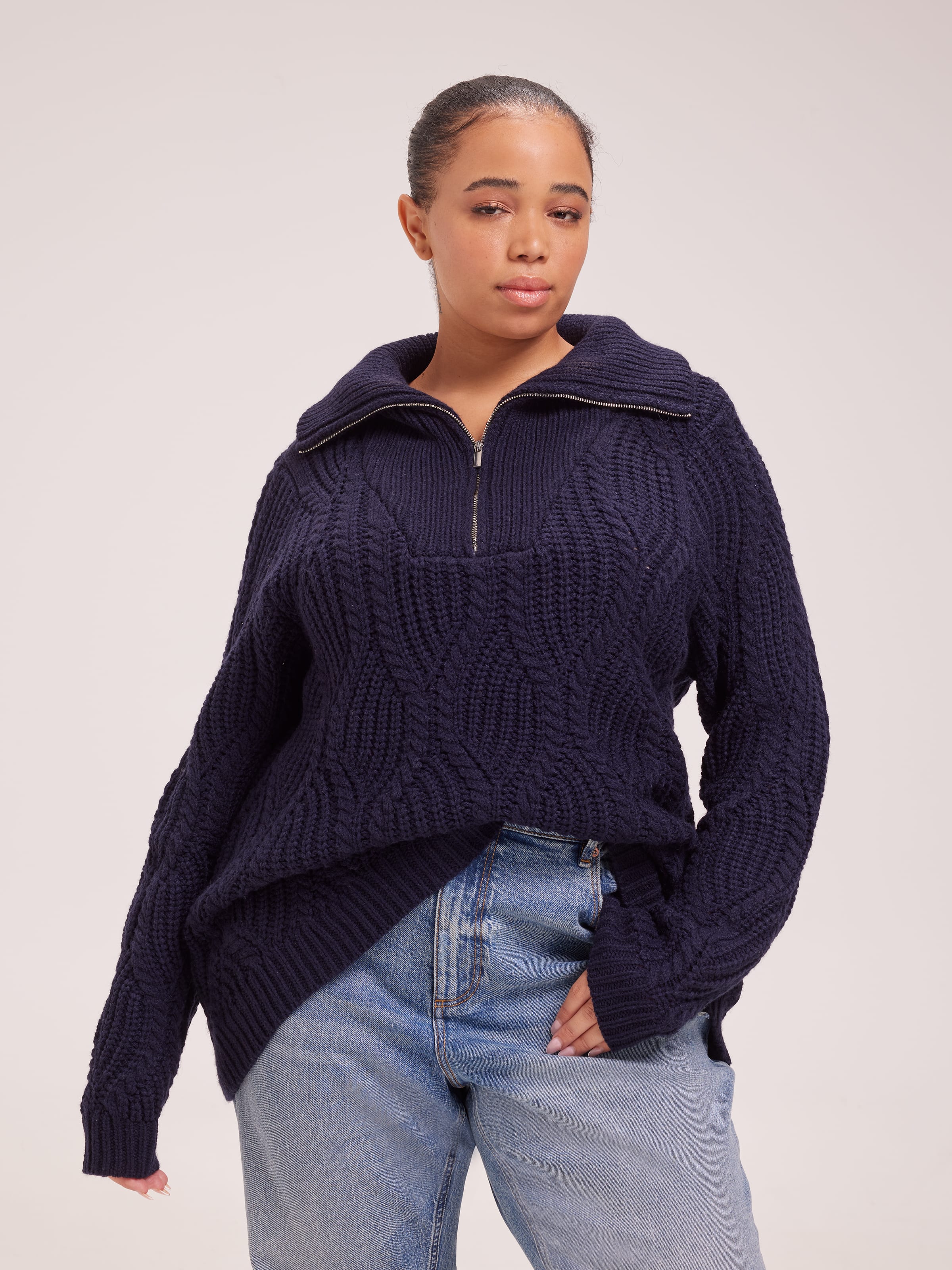 Curve Maria Cable Zip Neck Pullover Midnight - Just Jeans Online