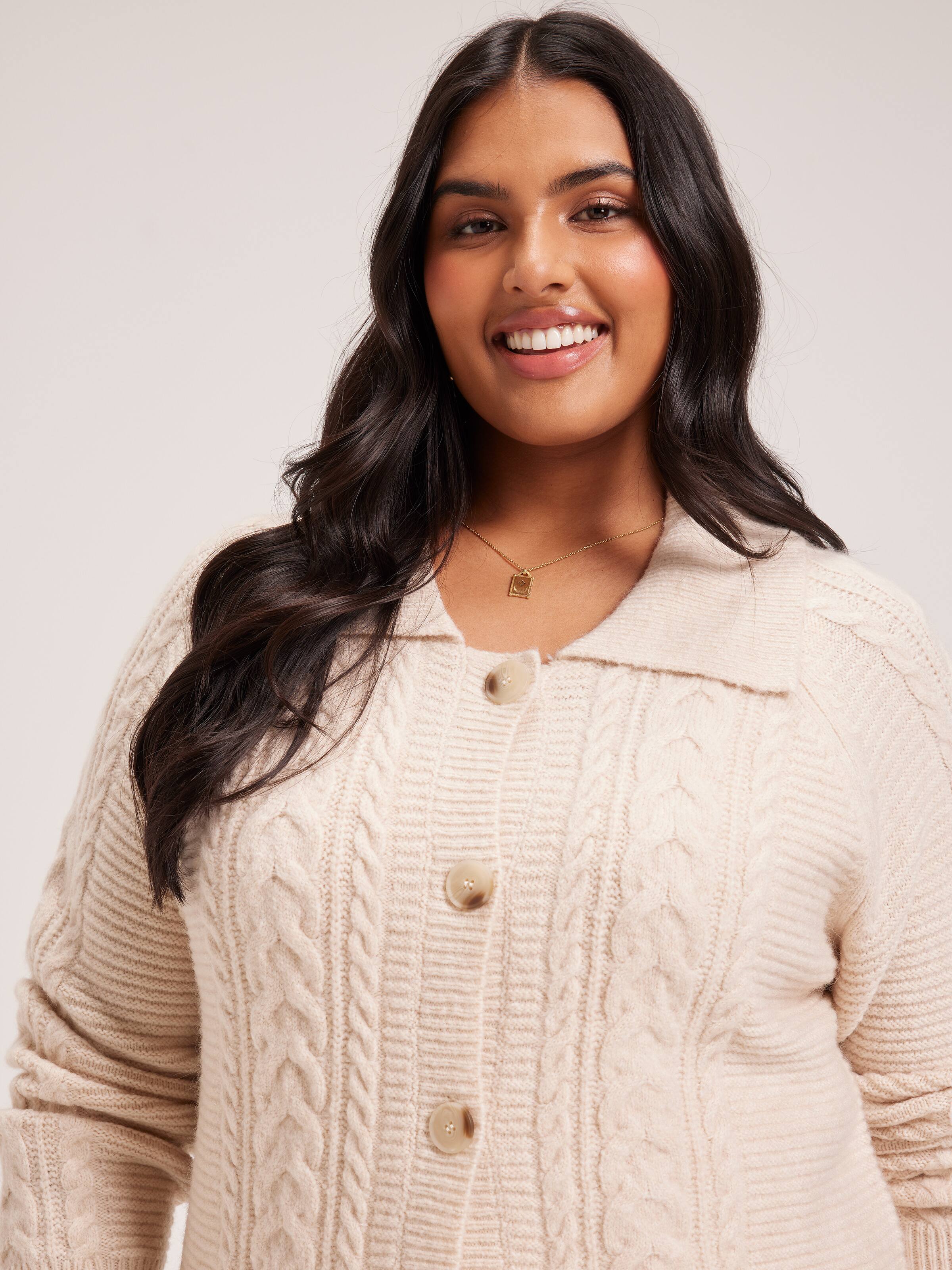 Curve Dawn Cable Button Through Cardi Oatmeal Marle - Just Jeans Online