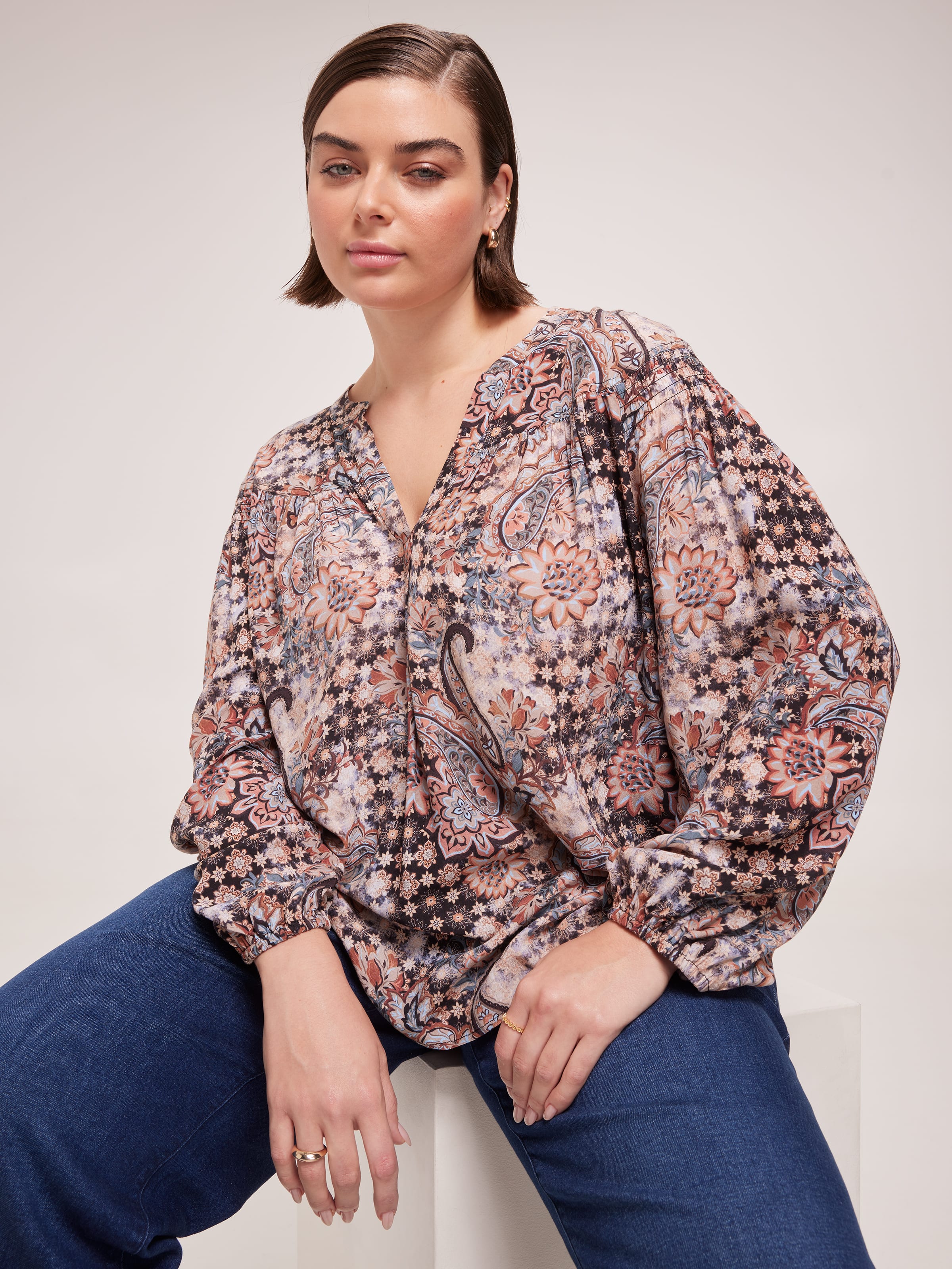 Curve Justine Yoke Detail Popover Golden Paisley Floral - Just Jeans Online