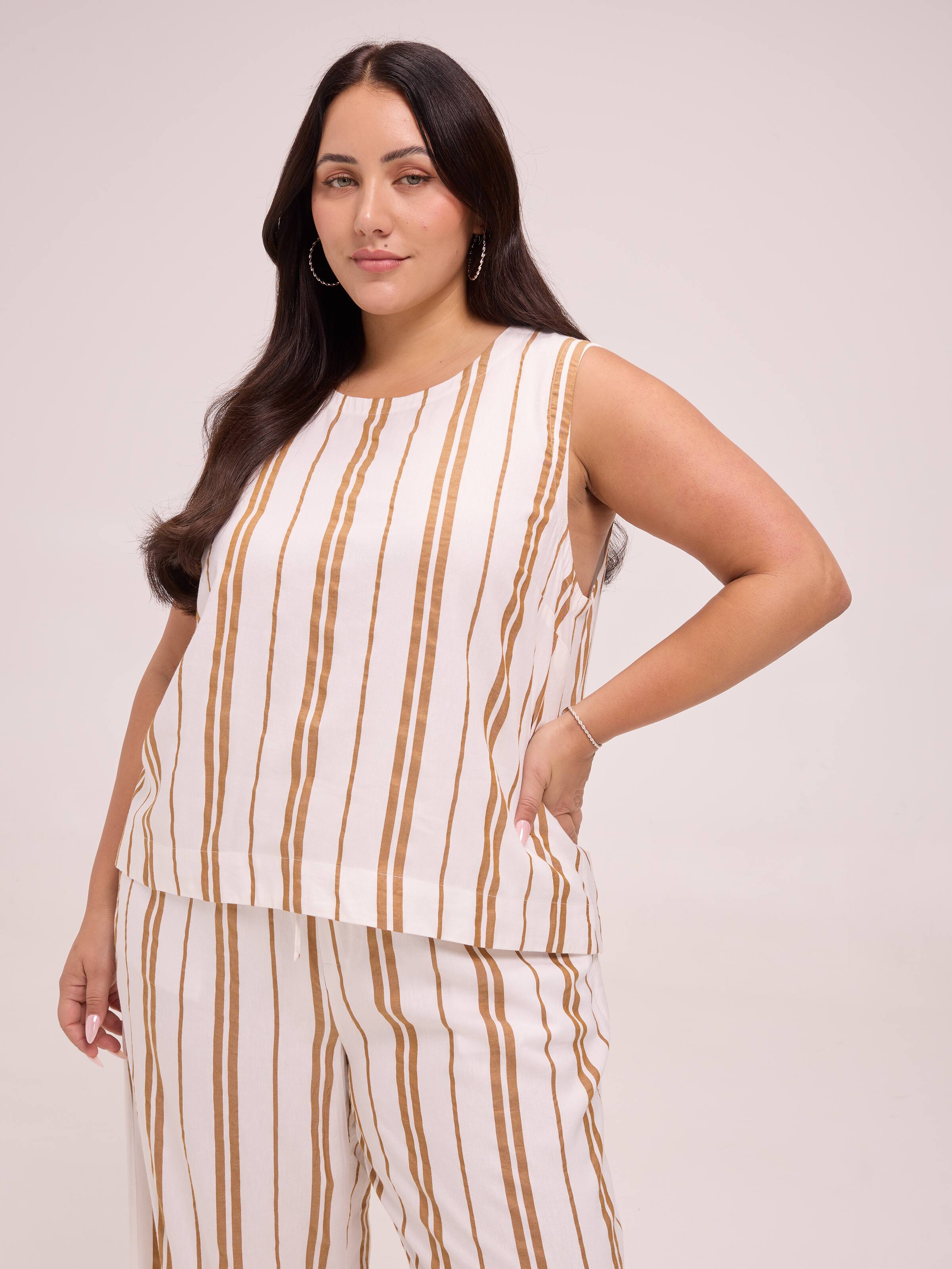 Curve Bree Button Detail Shell Tank Brown White Stripe - Just Jeans Online