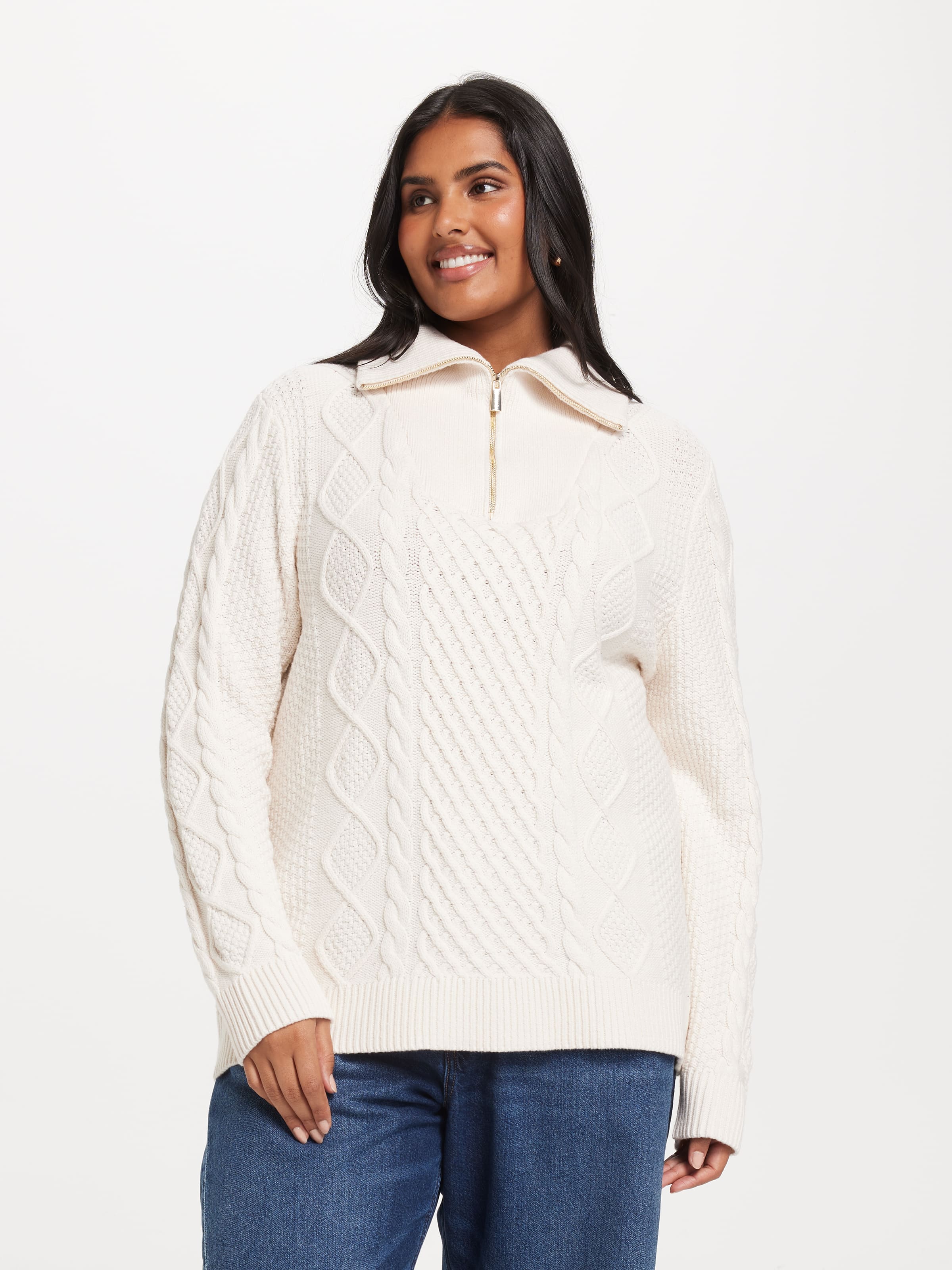 Curve Harper Zip Neck Cable Pullover Snow - Just Jeans Online