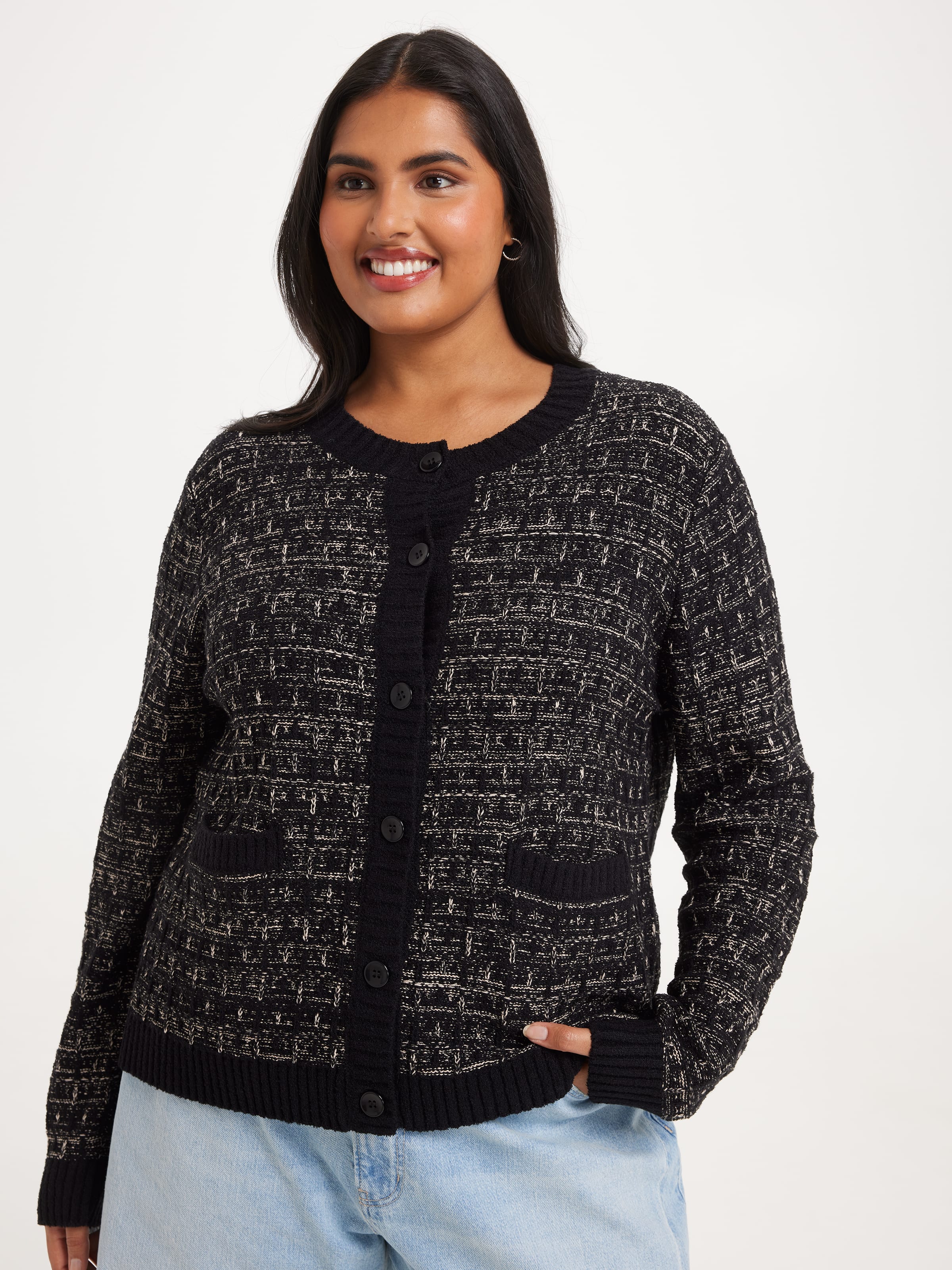 Curve Claire Cropped Crew Neck Cardi Black Tweed - Just Jeans Online