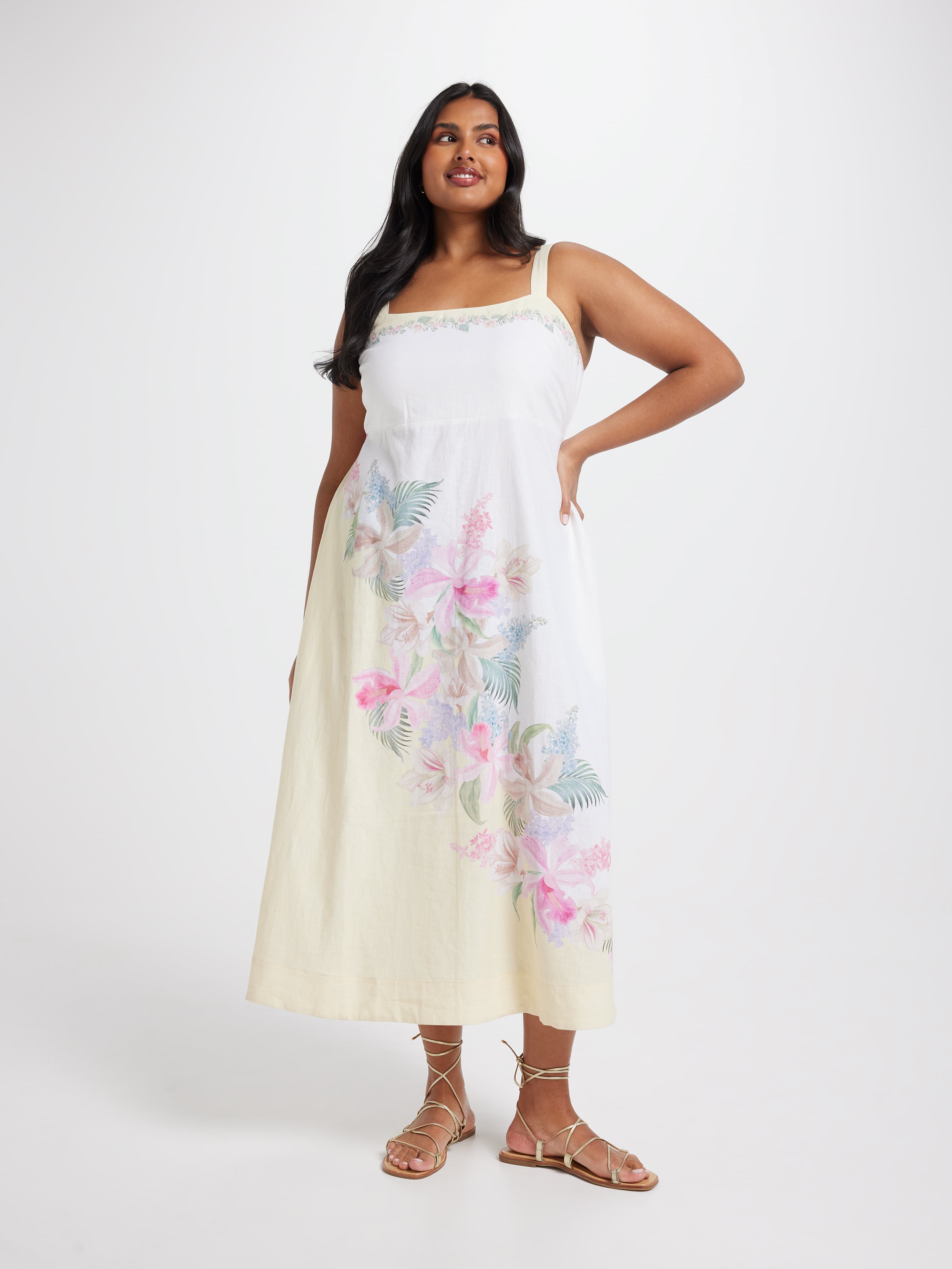 Curve Emily Strappy Maxi Dress Lemon Hawaiian - Just Jeans Online