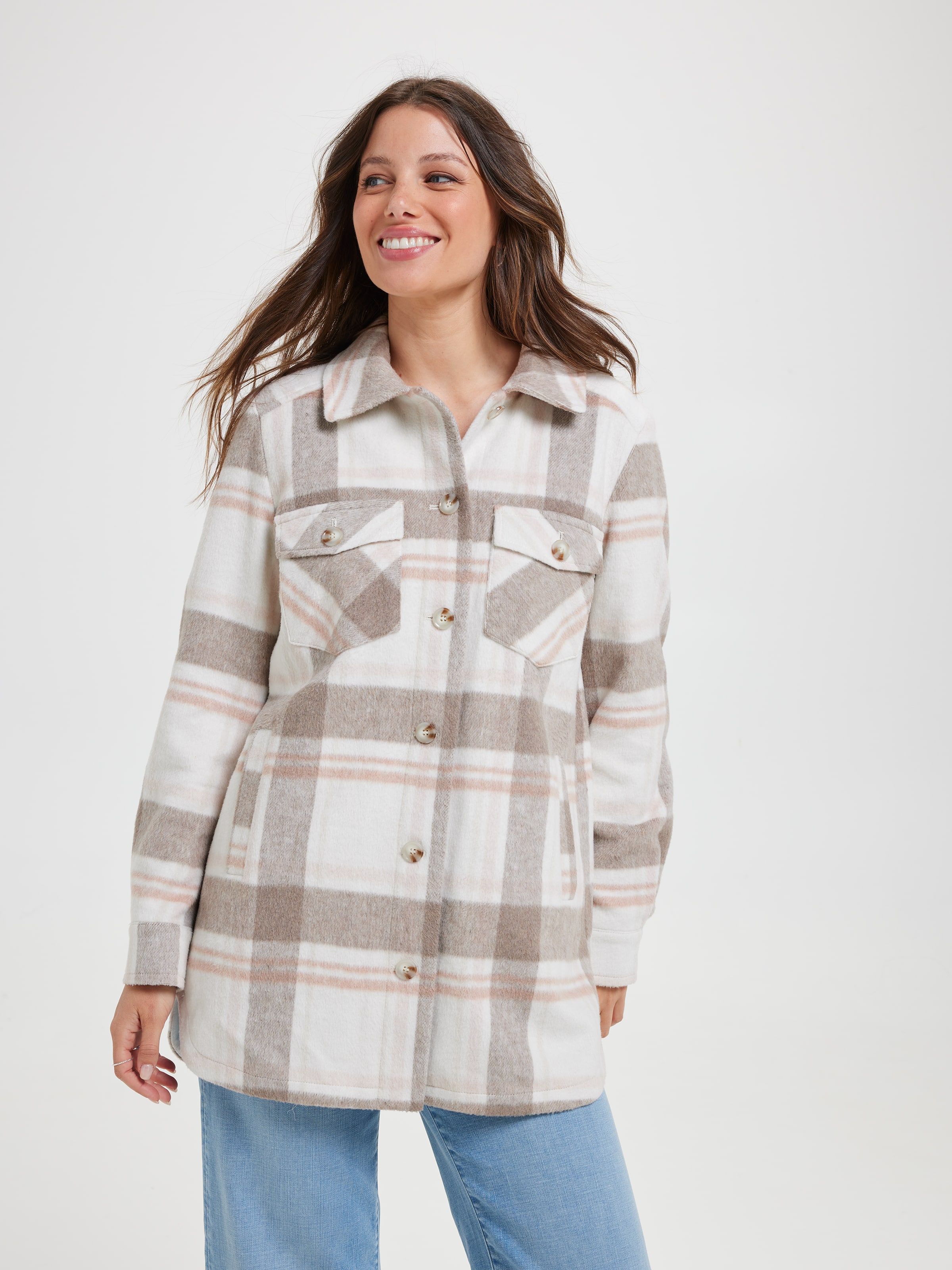 Nicole Mid Tweed Check Shacket Natural Check - Just Jeans Online