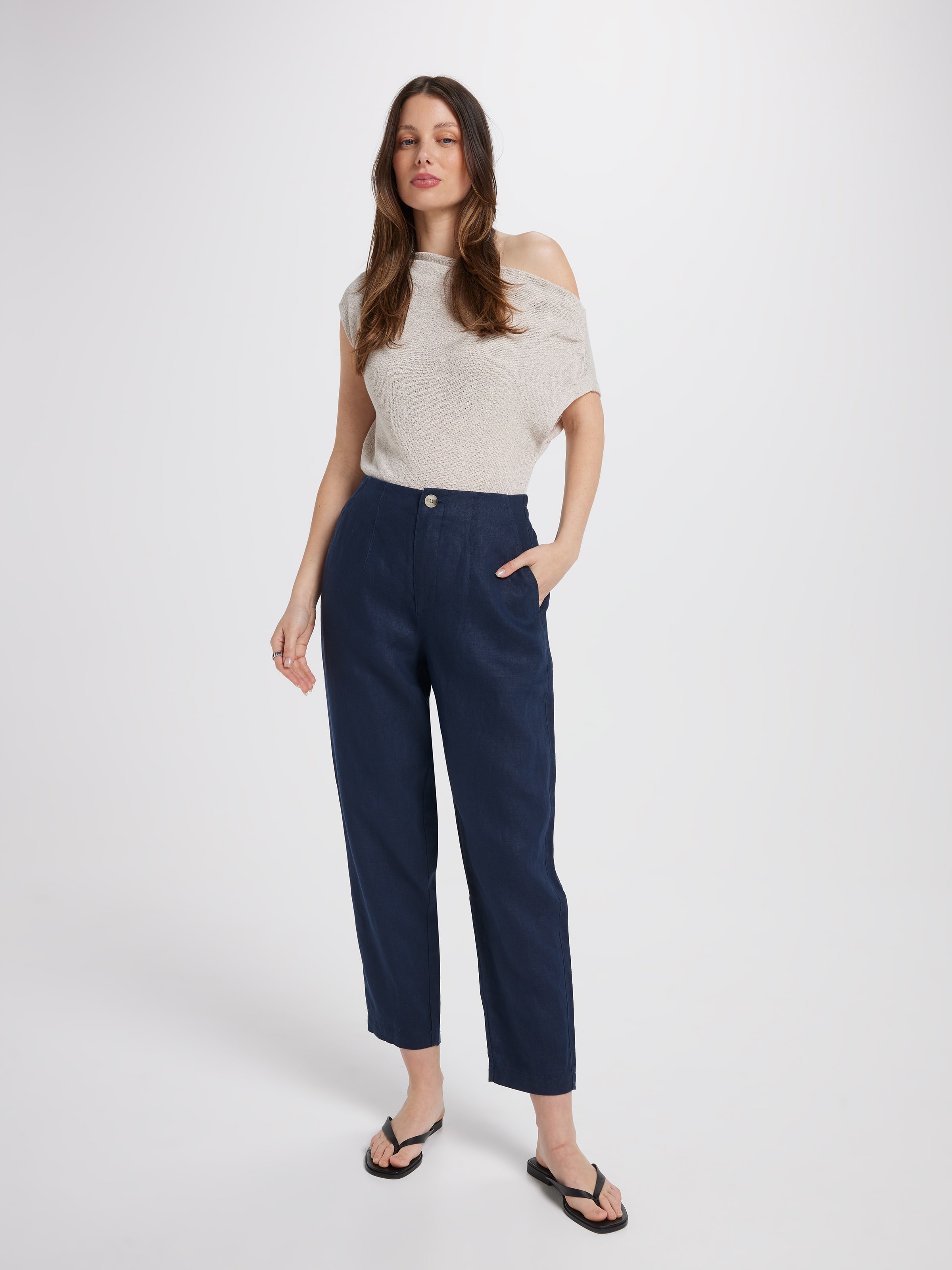 Hepburn High Rise Linen Tapered Pant Navy - Just Jeans Online
