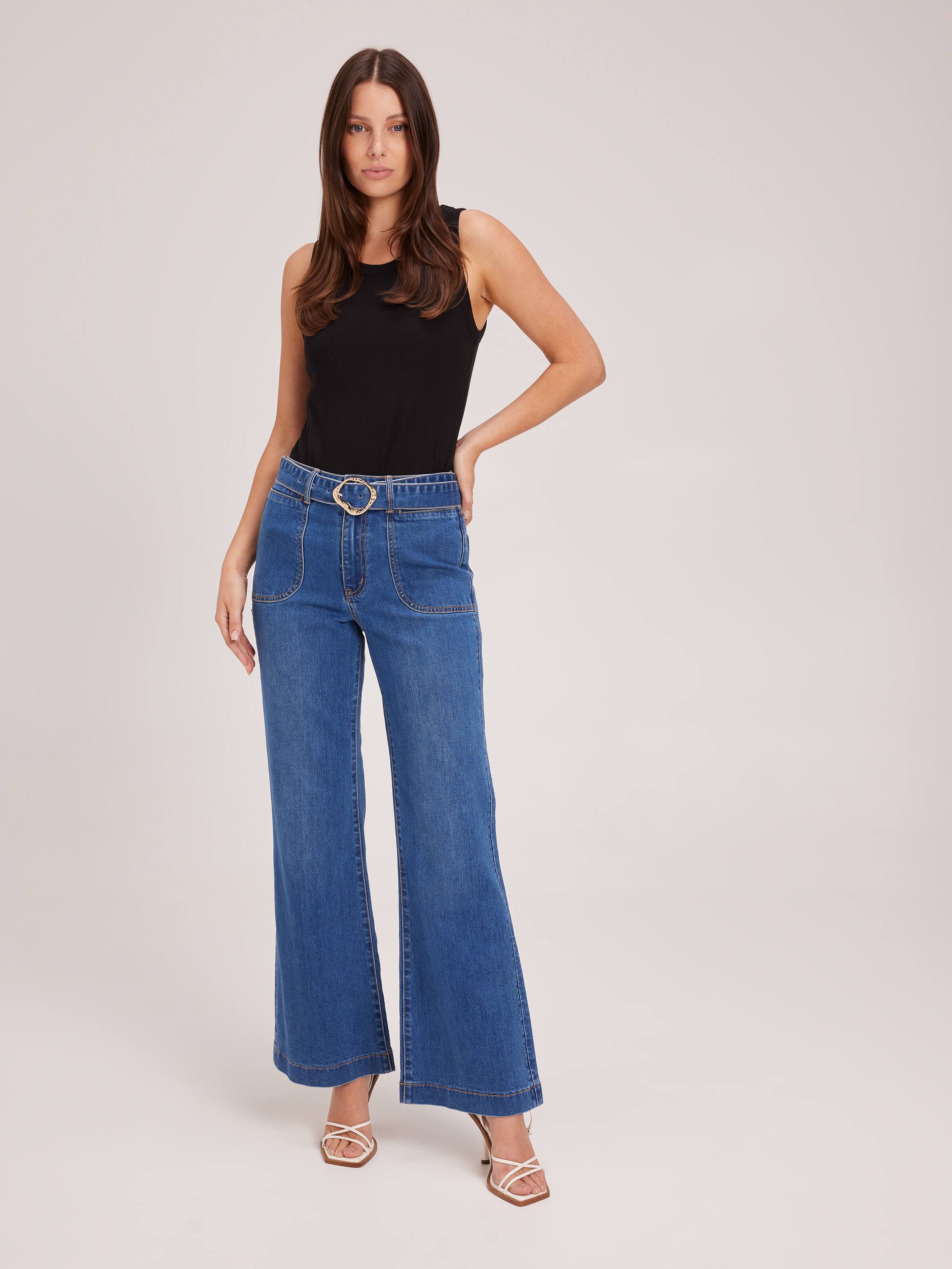 Super High Rise Belted Slim Wide Jean American Blue - Just Jeans Online