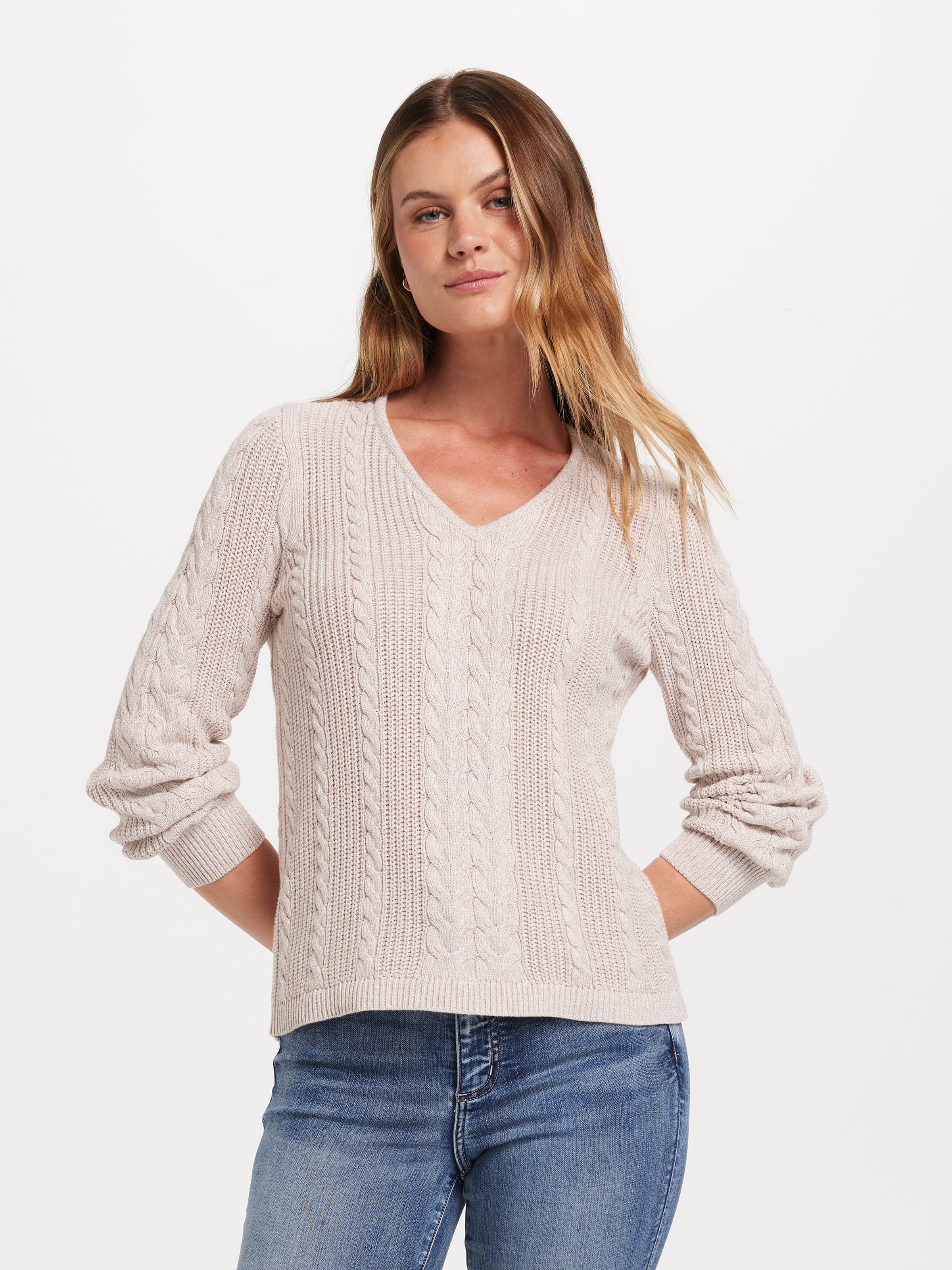 Irina V-Neck Pointelle Pullover Mushroom Marle - Just Jeans Online
