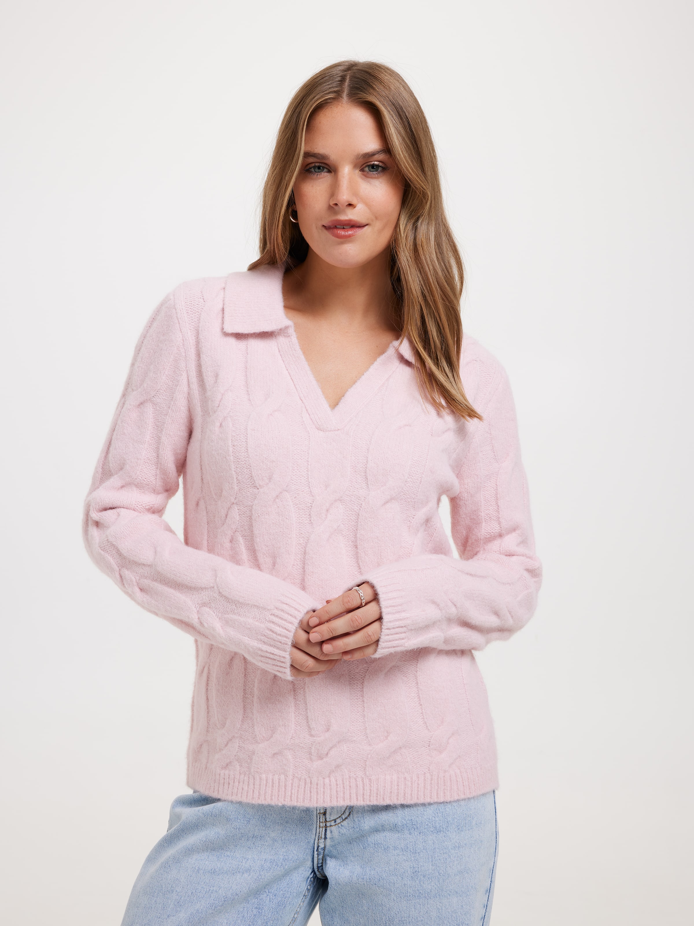 Liv Cable Collared Pullover Sugar Pink - Just Jeans Online