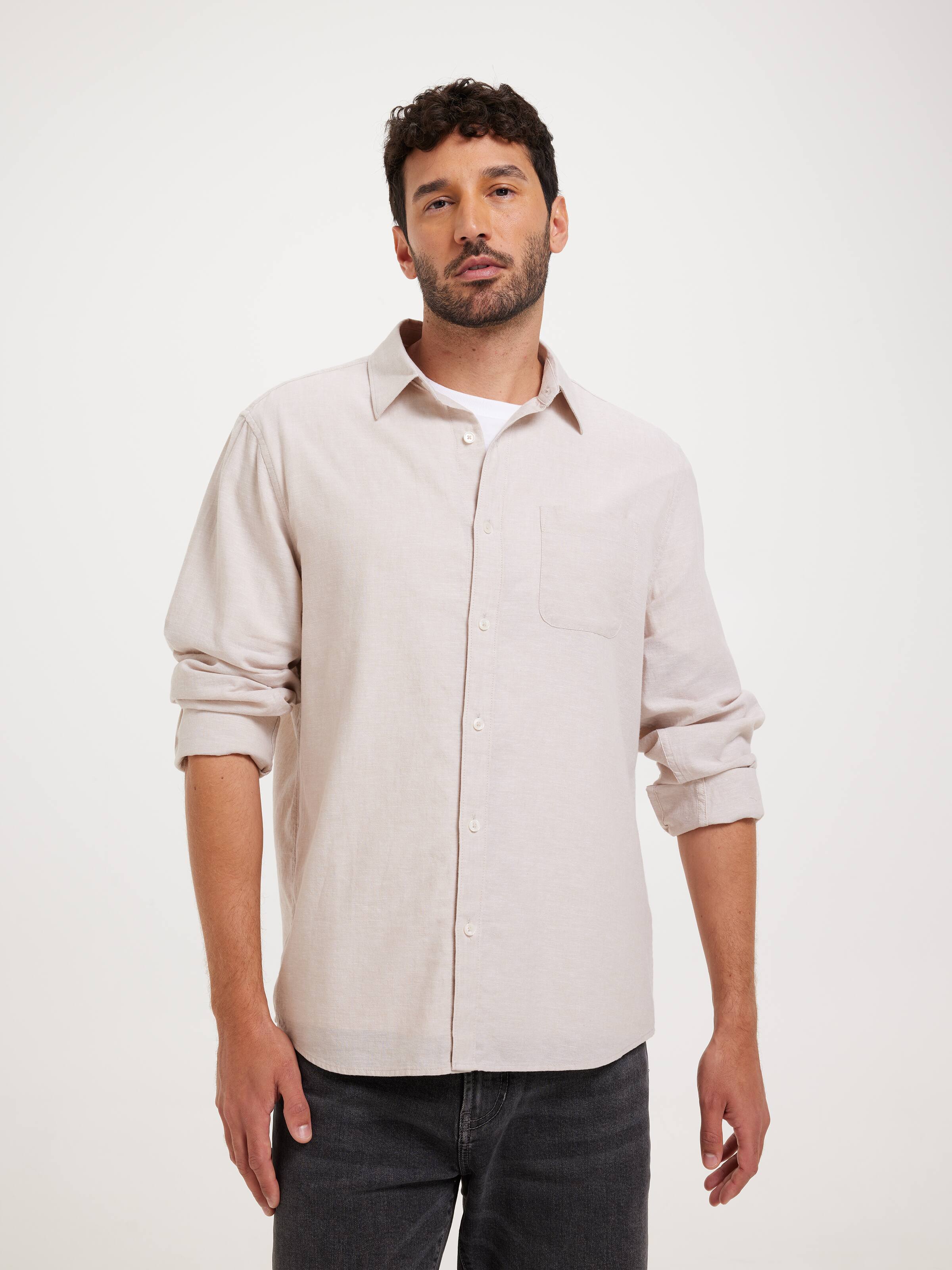 Long Sleeve Linen Blend Shirt Stone - Just Jeans Online