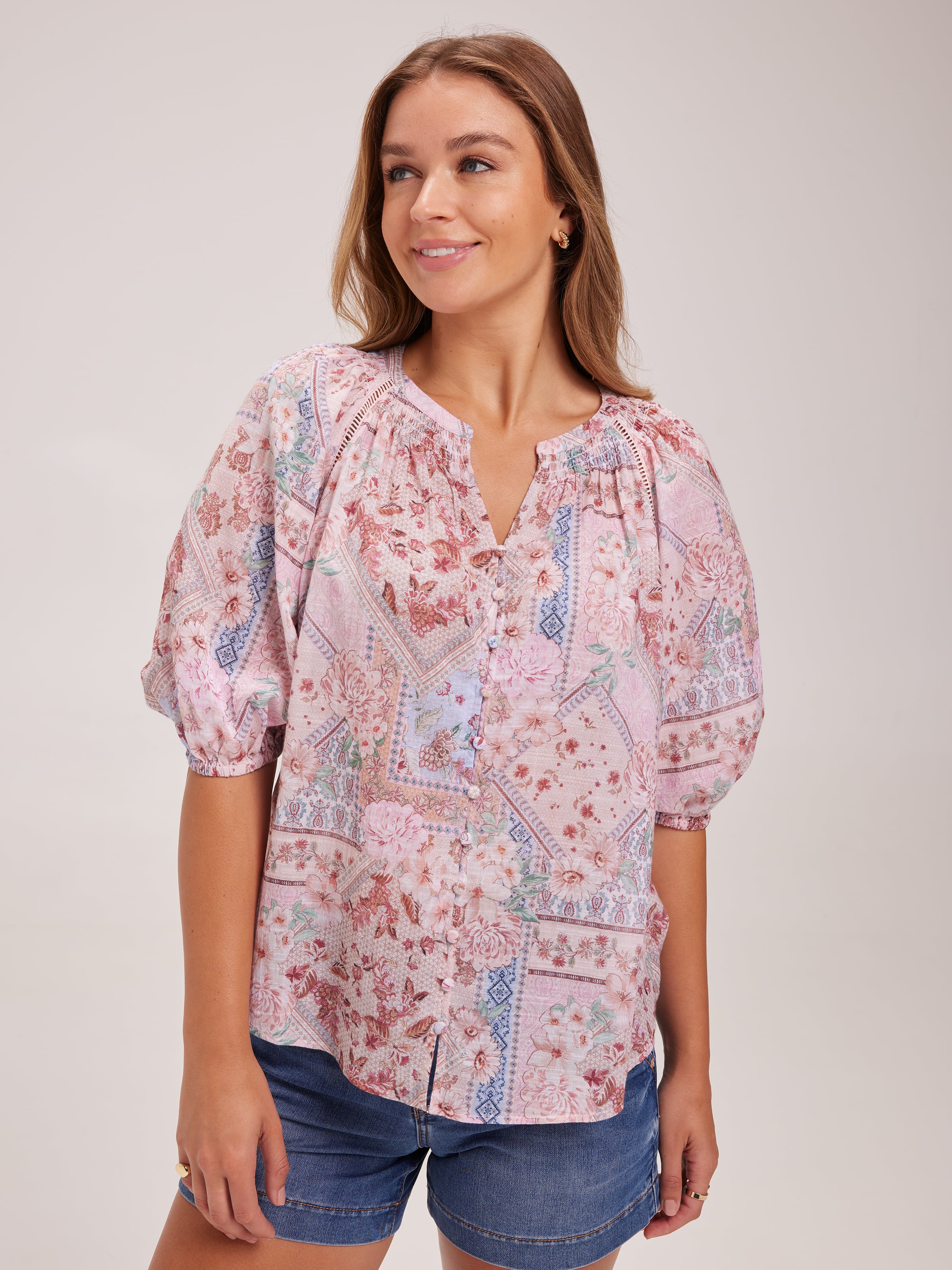 Athena 3/4 Sleeve Blouse Rose Patchwork - Just Jeans Online