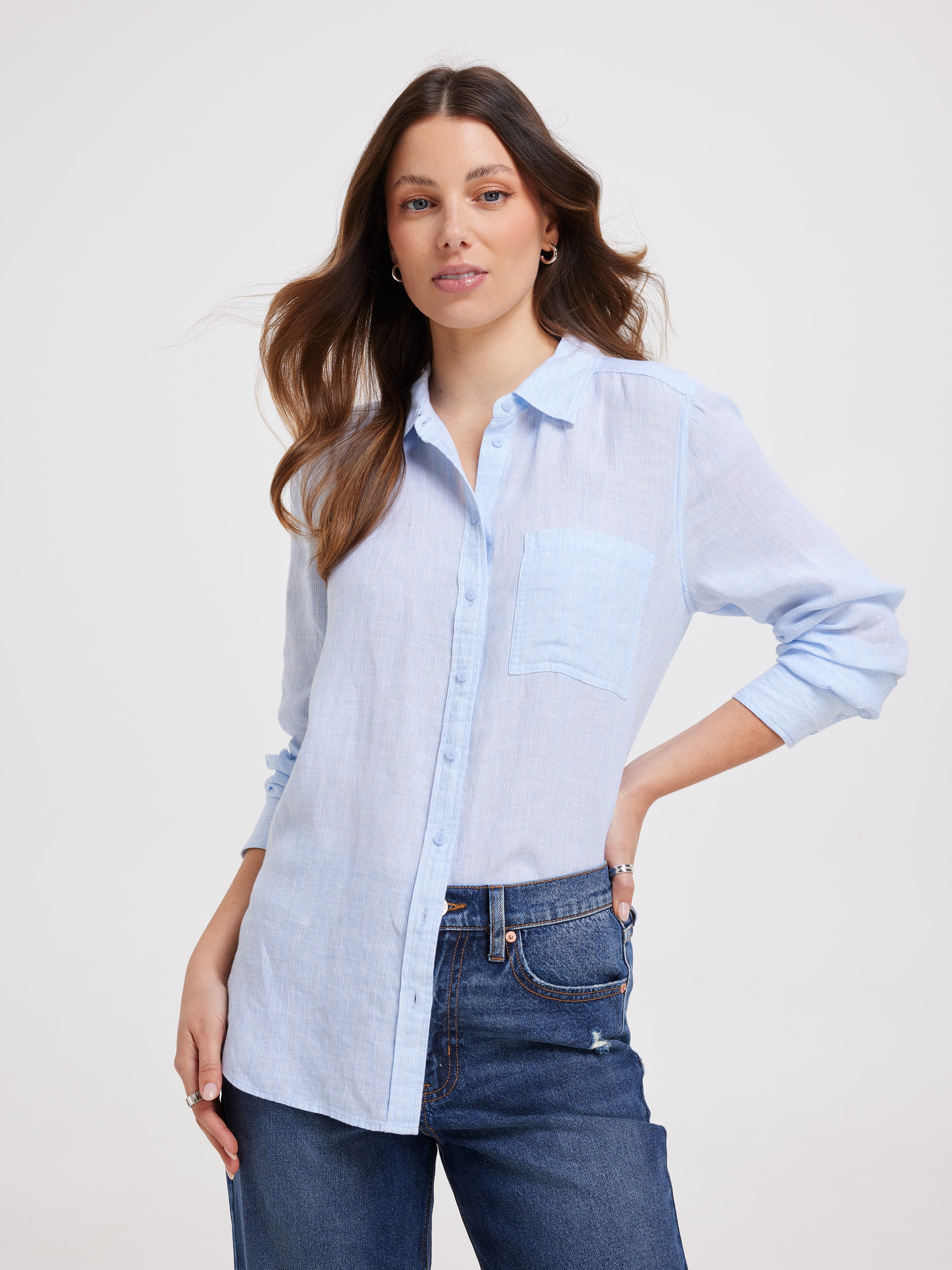 Marlow Linen Shirt Blue White Pinstripe - Just Jeans Online