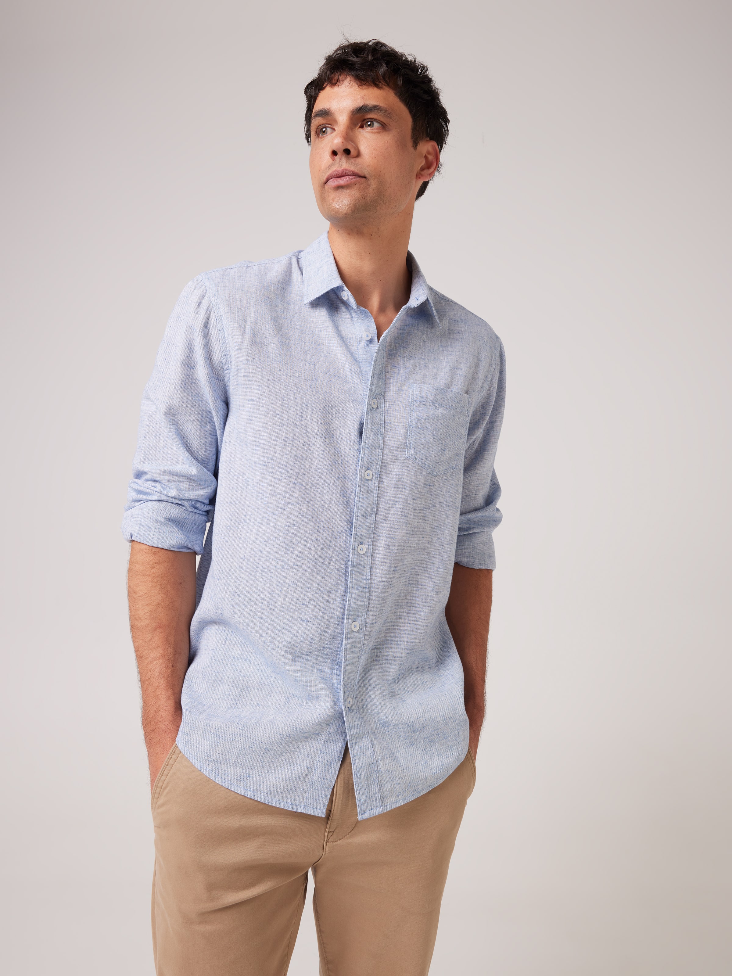 Long Sleeve Linen Blend Texture Shirt Blue Texture - Just Jeans Online