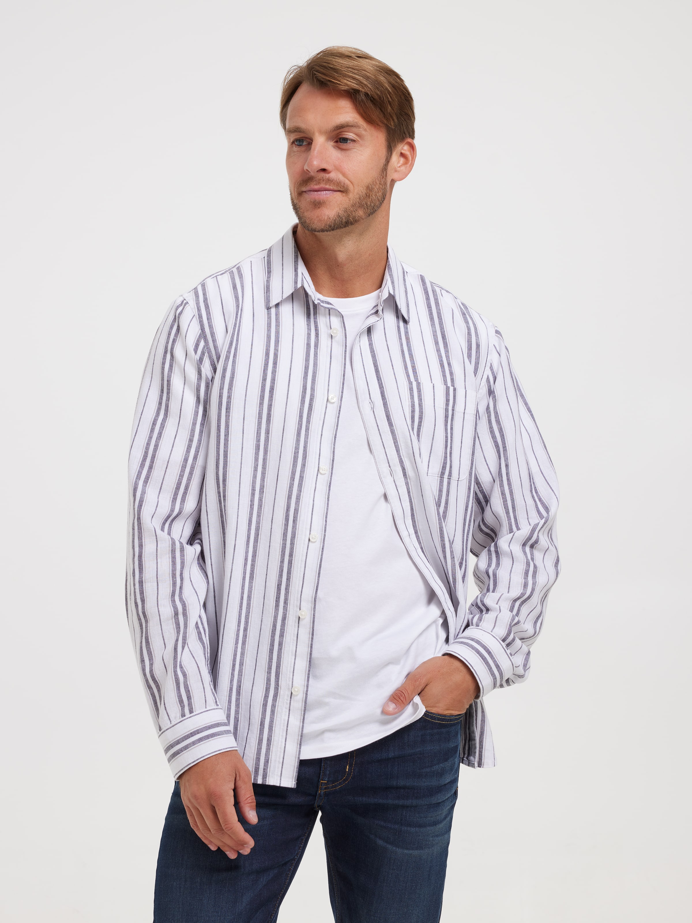 Long Sleeve Linen Blend Stripe Shirt - Just Jeans Online